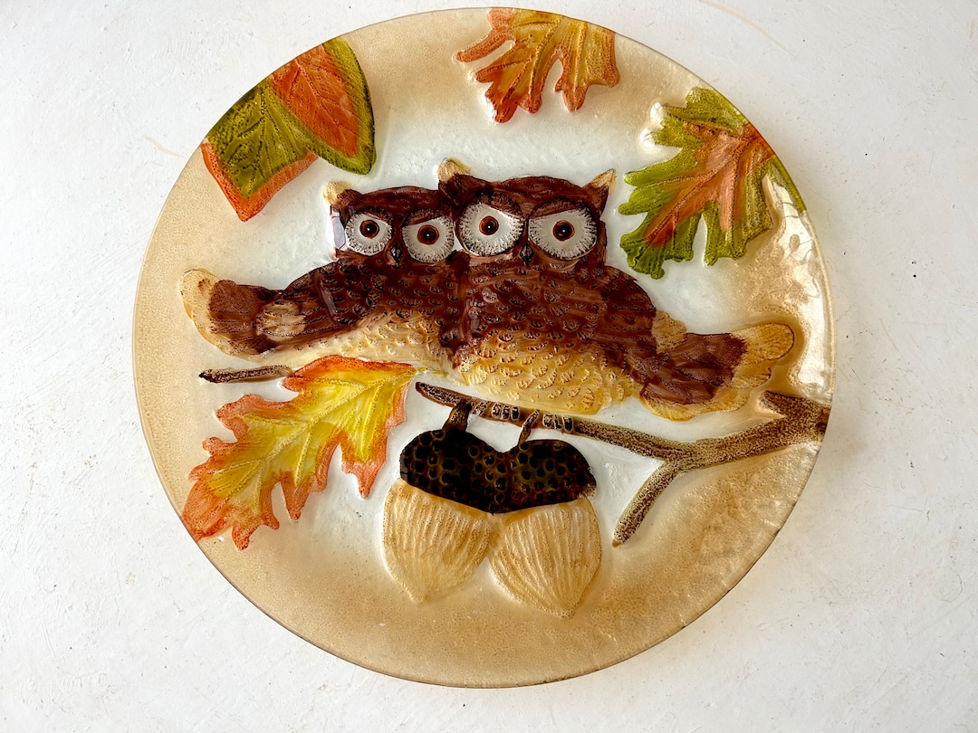 Glass Owl Platter Fused Raised Design Owls Acorns Leaves - Etsy