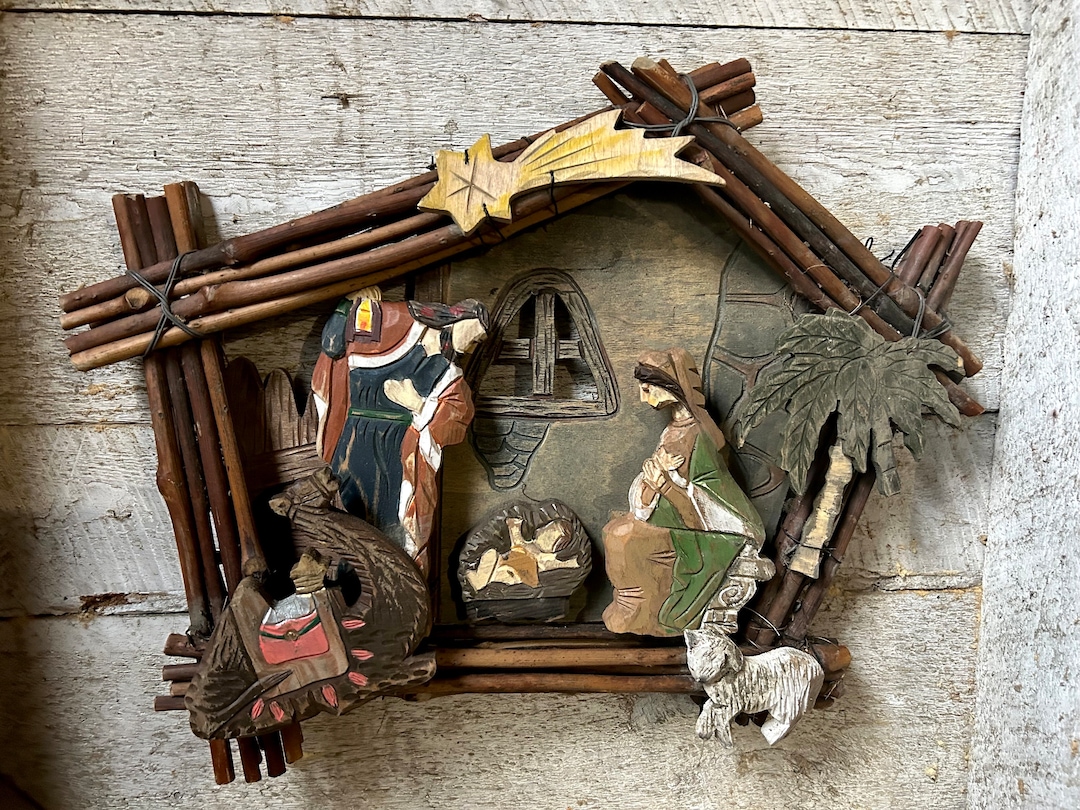 Christmas Nativity Wood Hand Carved Baby Jesus Mary Joseph Wall Hanging ...