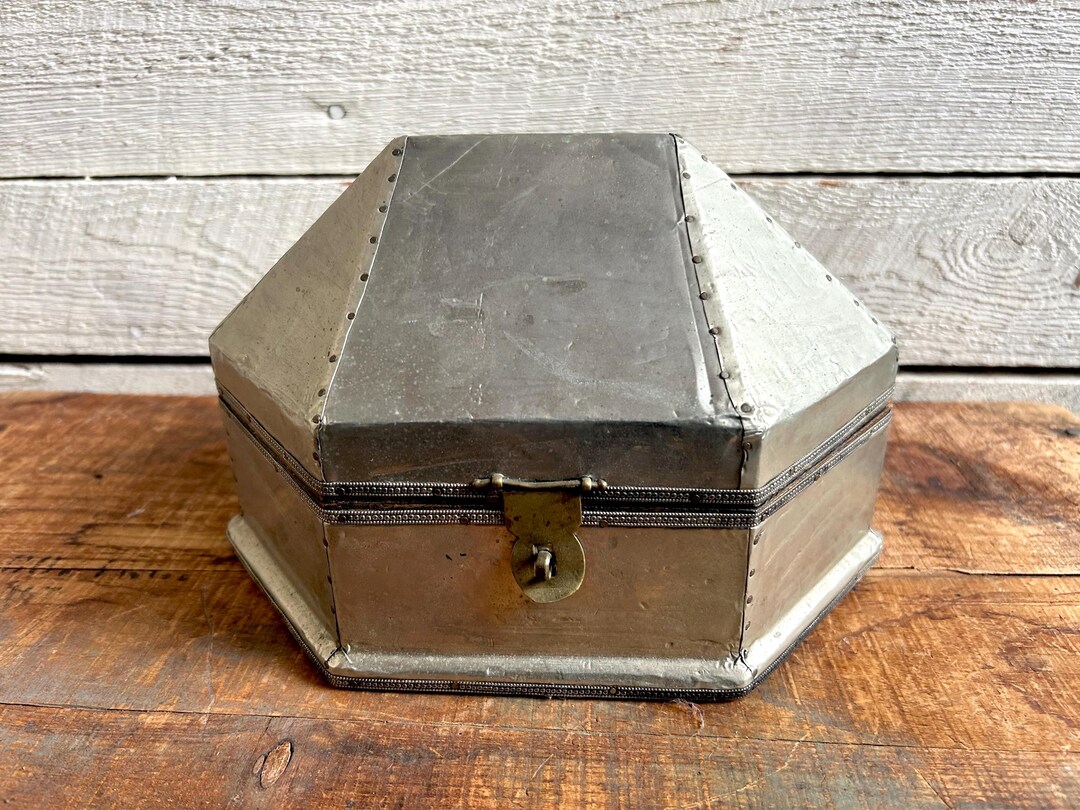 Wood Box Encased in Silver Metal 6 Sided Pyramid Box Latch Hinged Lid ...
