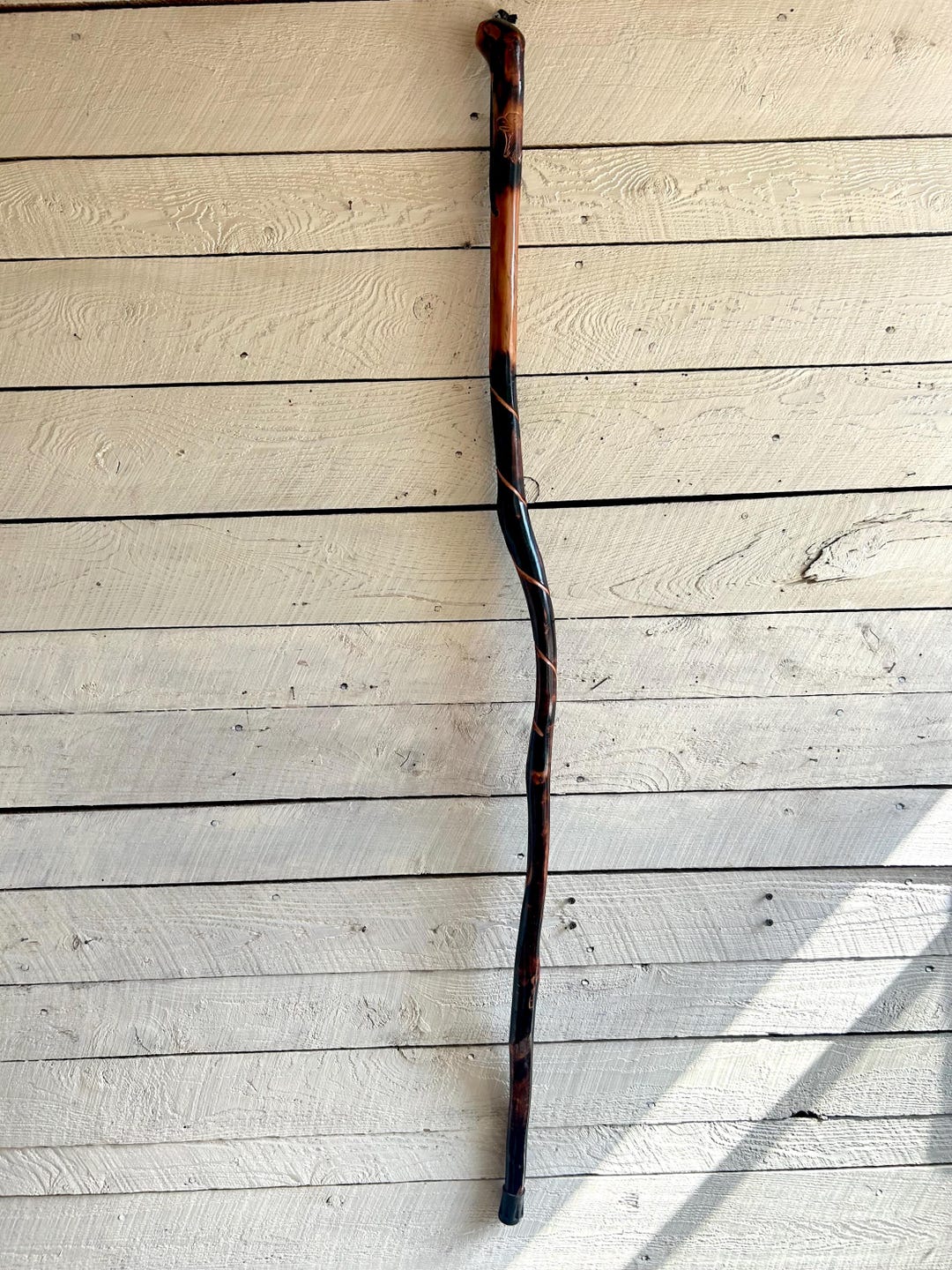 Wood Tall Walking Stick Natural Wood Branch Spiral Carved Leather Strap ...