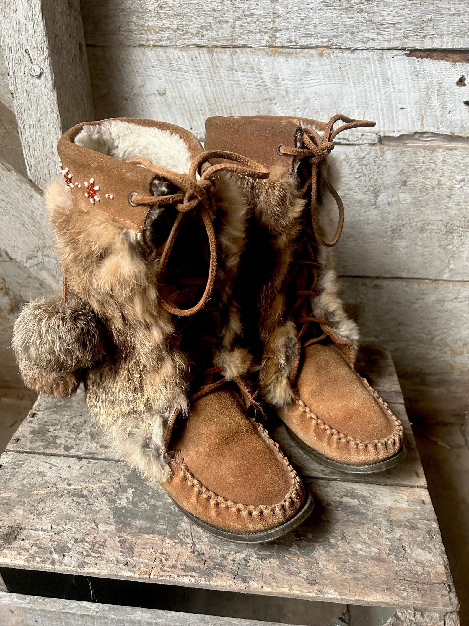 Laurentian Chief Fur Boots Mukluks Suede Moccasins Canada Pom Poms - Etsy
