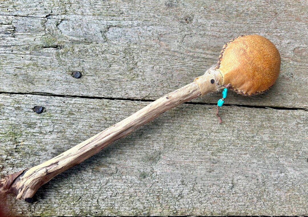 Shaman Leather Rawhide Rattle Medicine Man Rattle Turquoise Beads Wood ...