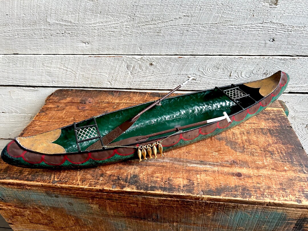 Miniature Metal Canoe Oars Shelf Display Beach House Decor Fish Man ...