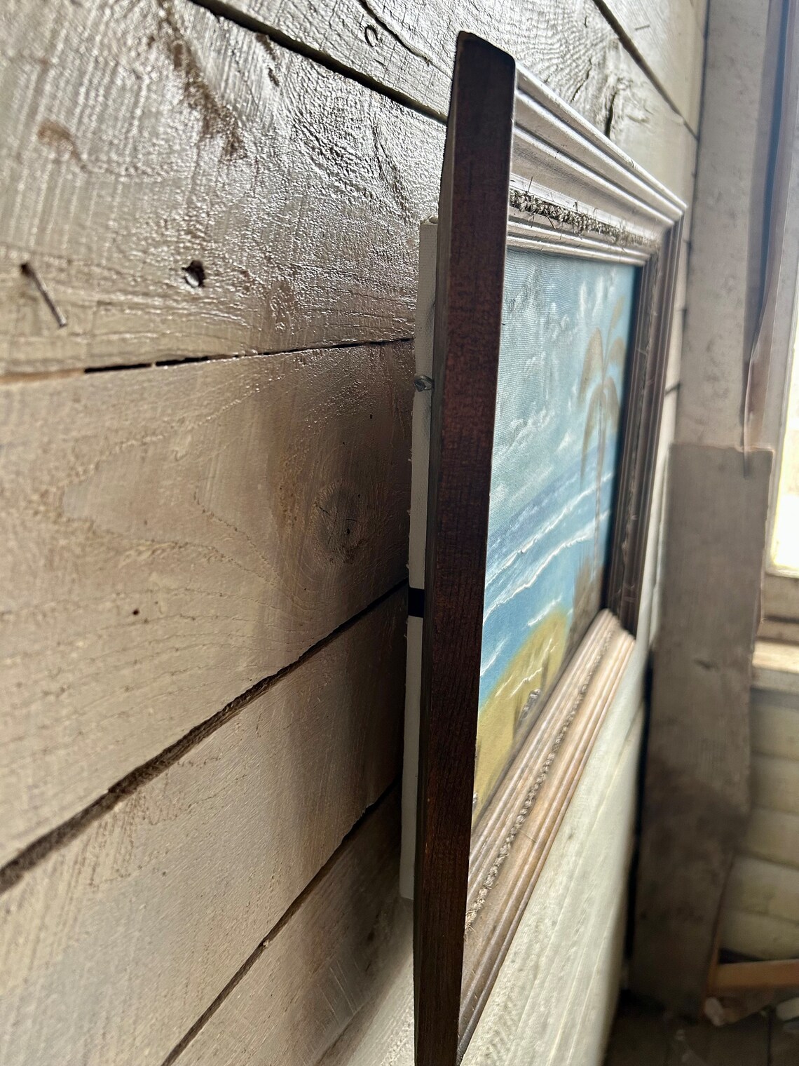 Vintage Painting Beach Landscape Wood Frame Landscape Primitive Rustic ...