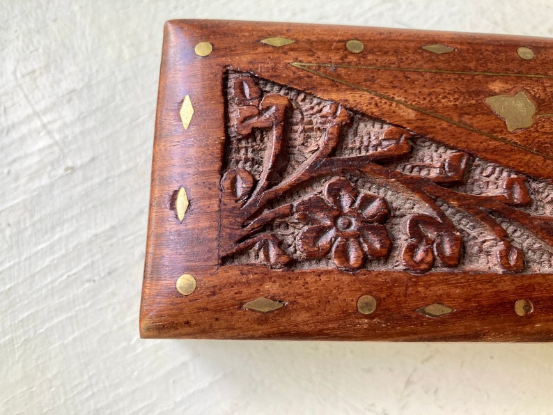 Wood Box Hand Carved Copper Inlay Floral Design Jewelry Box - Etsy