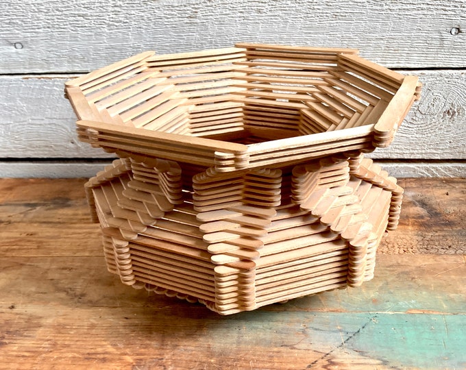 Popsicle Stick Basket Tramp Art Popsicle Plant Holder Handmade Folk Art ...