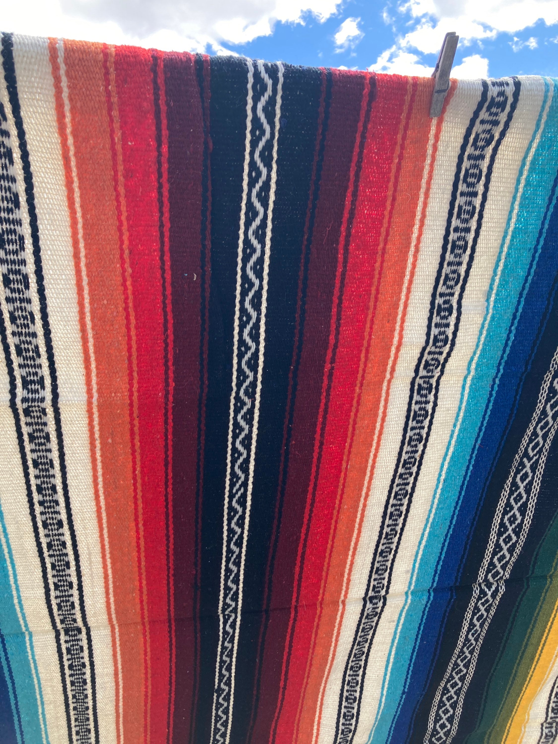 Mexican Blanket Rug Hand Woven Heavy Stripe Design - Blue Red Yellow ...