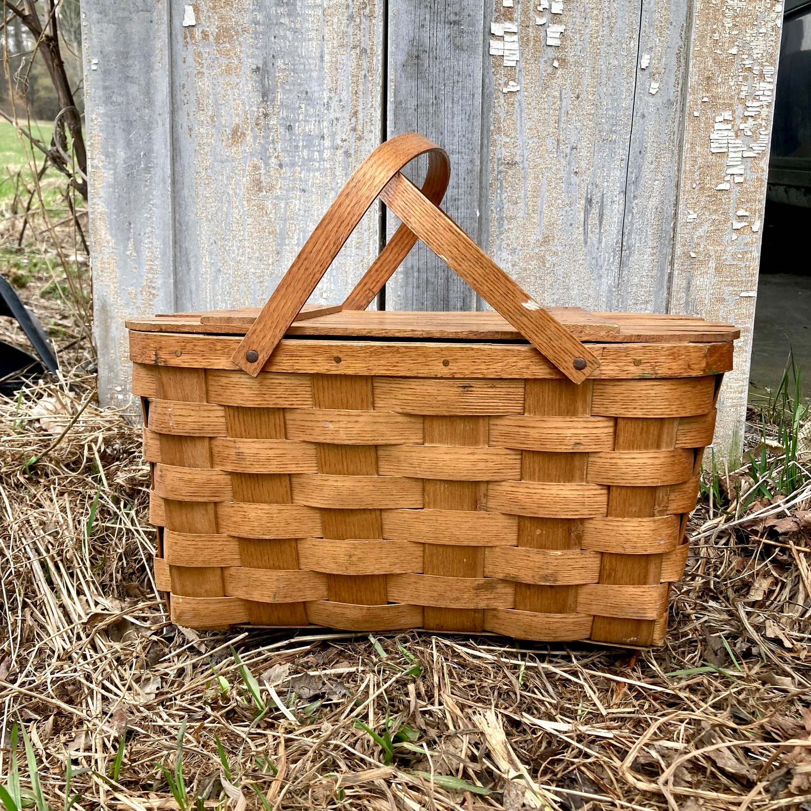 Picnic Basket Split Wood With Lid 2 Bent Wood Handles Farmhouse Rustic ...