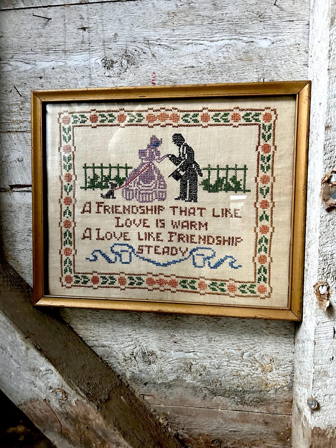 Farmhouse Love Friendship Cross Stitch Sampler Wood Frame Handmade Wall ...