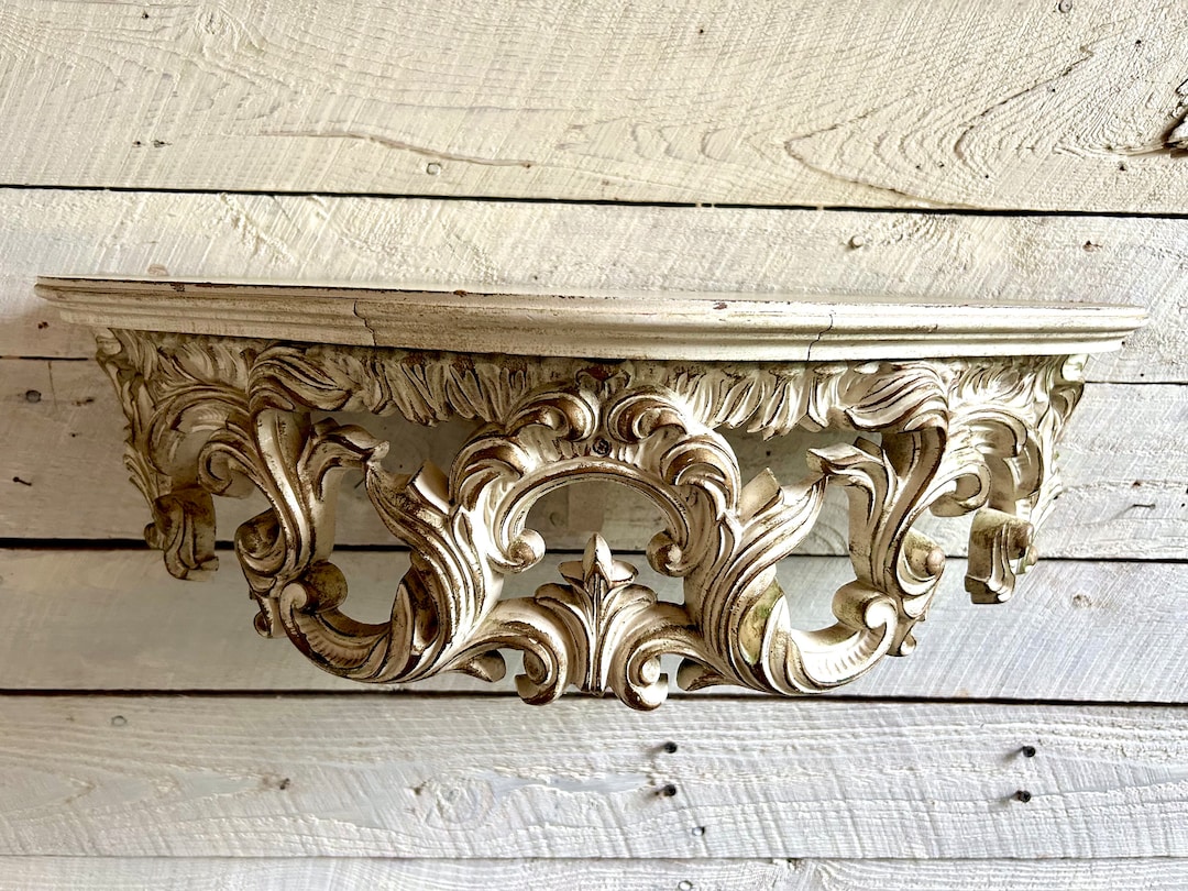 60s Ornate Hollywood Regency Mid Century Scrollwork Floating Shelf Wood ...