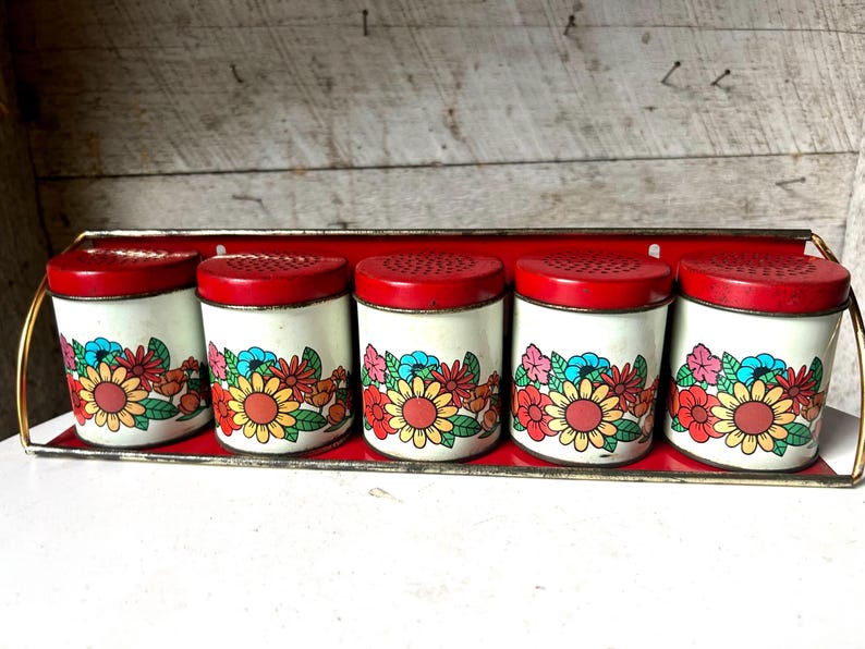 40s Farmhouse Red Metal Floral Spice Rack Country Kitchen Storage ...
