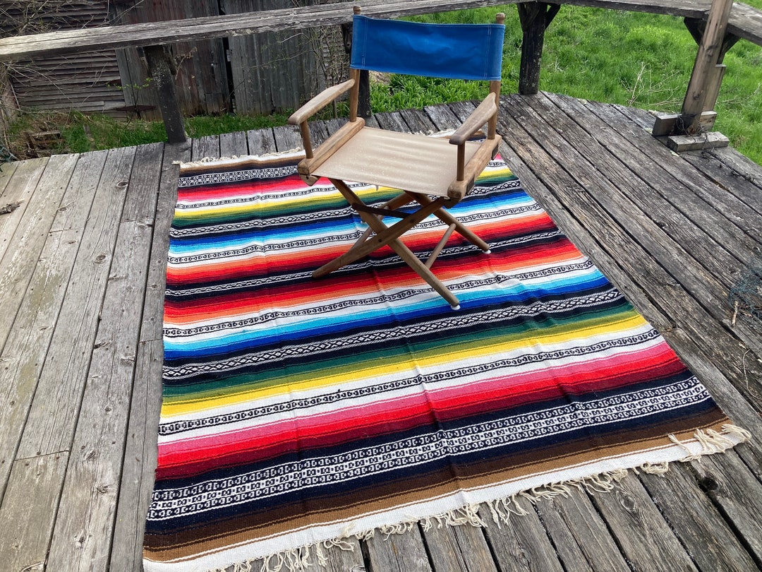 Mexican Blanket Rug Hand Woven Heavy Stripe Design - Blue Red Yellow ...