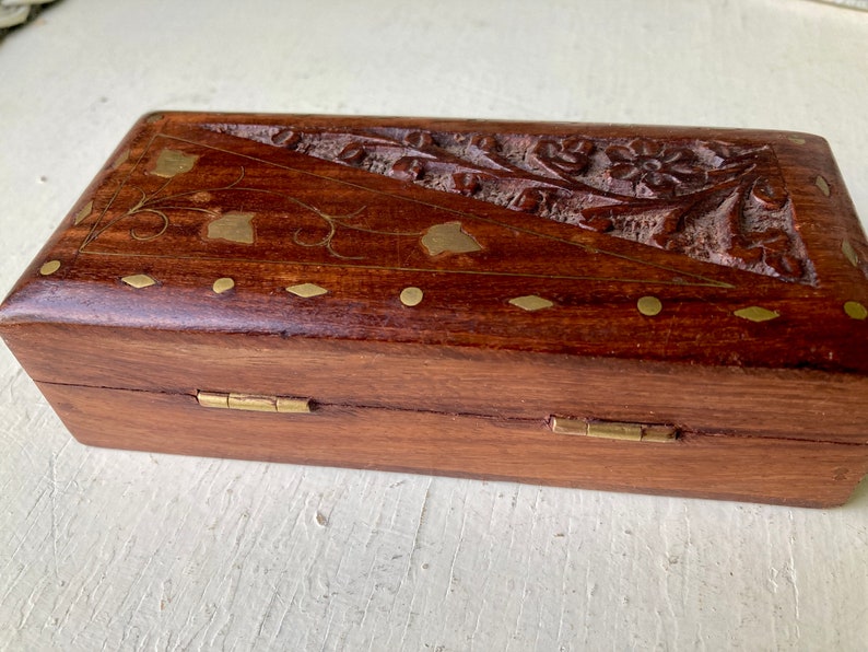 Wood Box Hand Carved Copper Inlay Floral Design Jewelry Box Trinket - Etsy