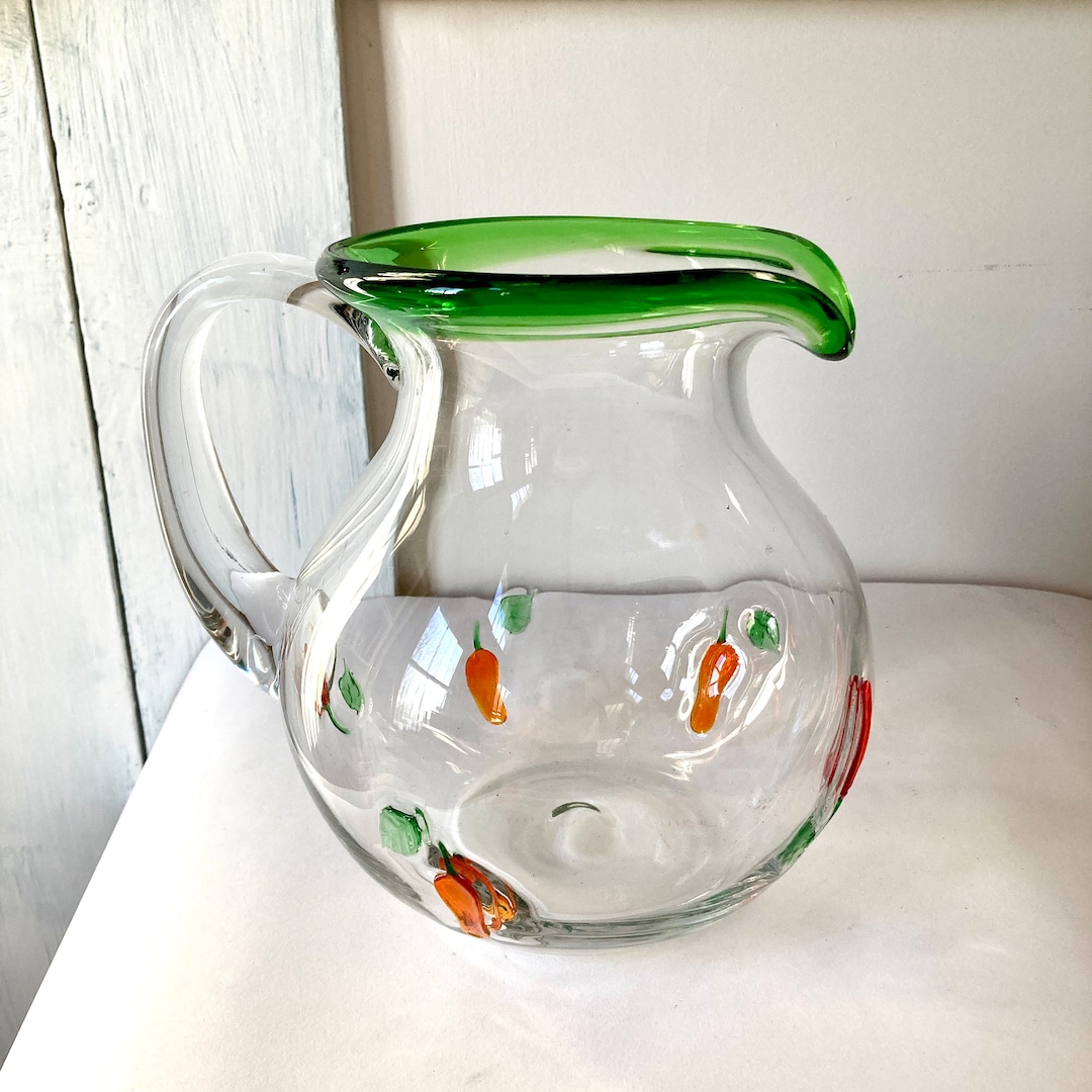 Large Glass Pitcher Hand Blown Green and Clear Glass Handmade Glass Red ...