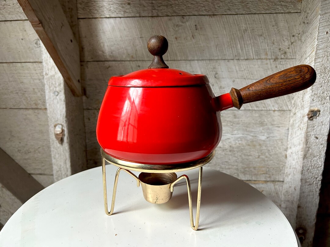 Flame Red Fondue Pot - 70s - Wood Handle Brass Stand Fondue Party Mid ...