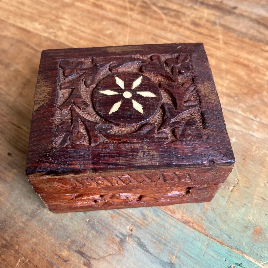 Wood Box Hand Carved Bone Inlay Floral Design Jewelry Box Small Trinket ...