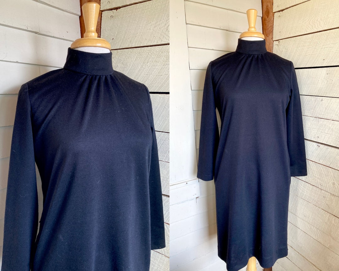 60s 50s Black Wool Dress Wool Jersey Mock Turtleneck Sheath Dress - Etsy