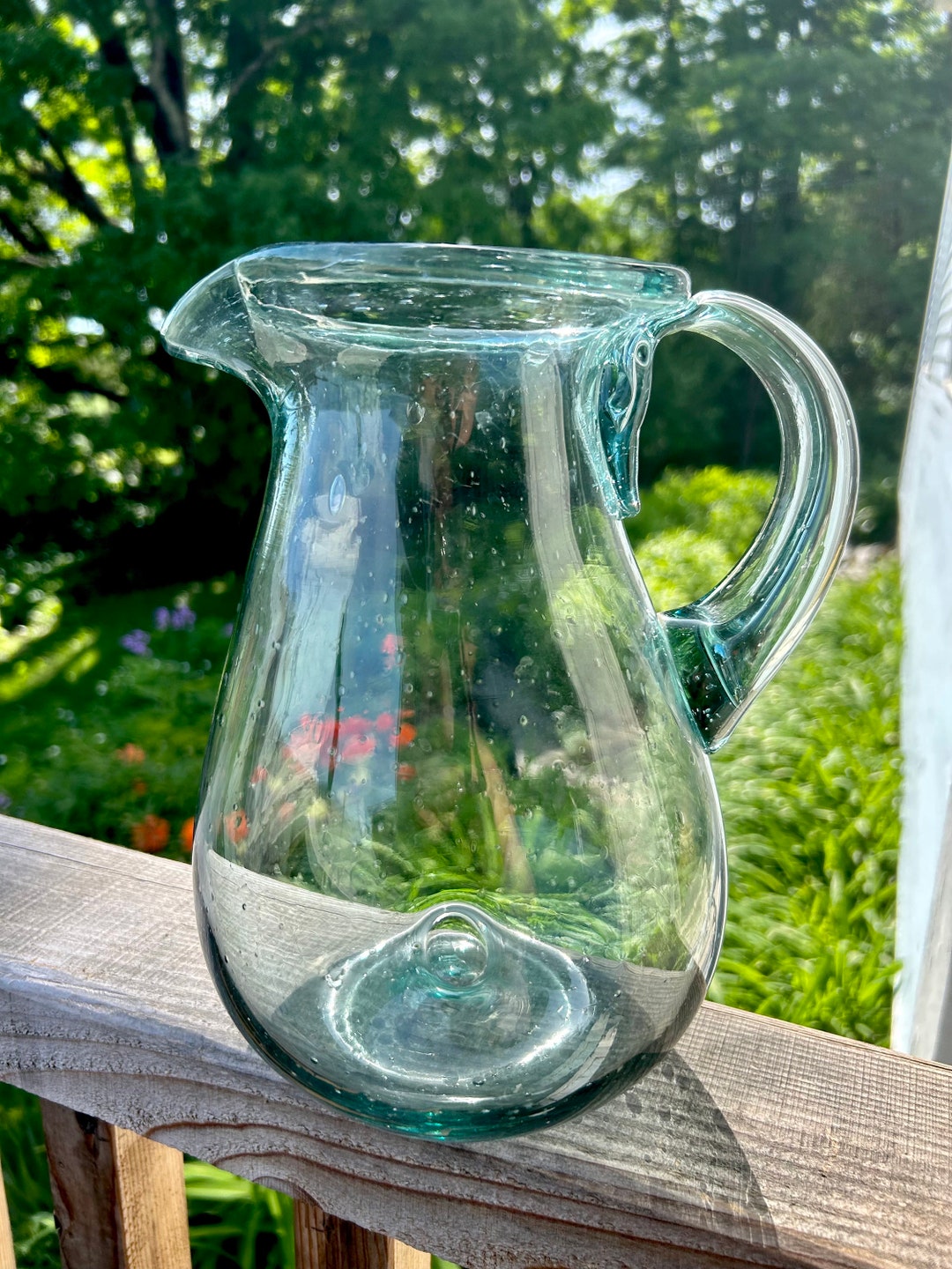 Large Glass Pitcher Mexico Hand Blown Blue and Clear Glass Handmade ...