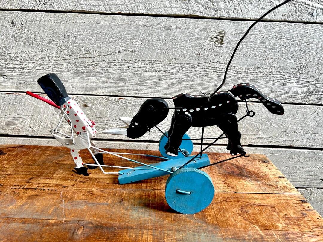 African Pull Toy Folk Art Sculpture Wood Colorful Oil Paint Rhino ...