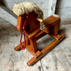 Wood Rocking Horse Child Toy Wool Mane and Tail Red Harness Handmade - Etsy