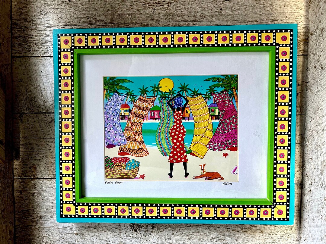 Belize Folk Art Painting Woman Hanging up Clothes Colorful Gouache ...
