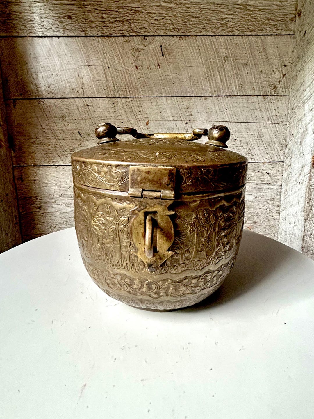 Antique Indian Tea Caddy Betel Paan Brass Copper Pot Handle Hammered ...