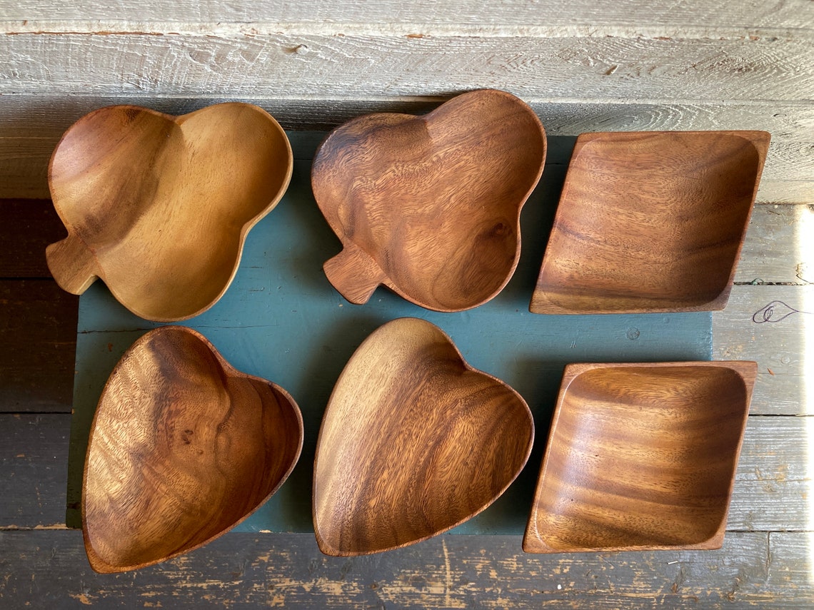 Monkey Pod Wood Bowls Carved Diamond Hearts Clubs Mid Century Tiki ...