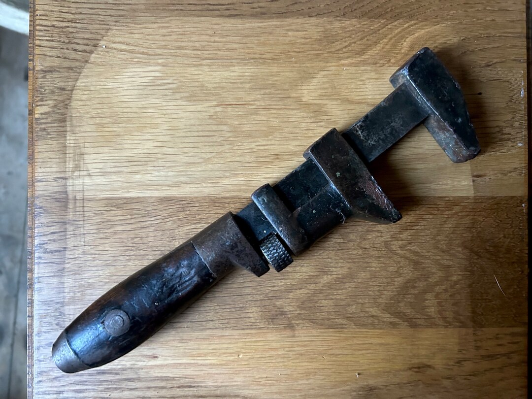 Antique Large Iron Wrench Wood Handle Monkey Wrench Pipe Wrench Made in ...