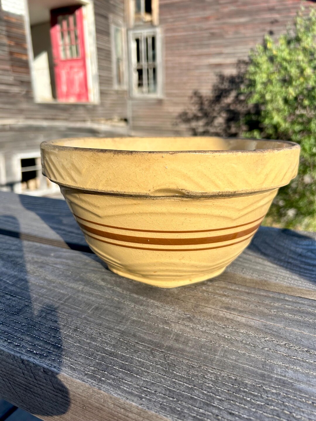 Antique Farmhouse Yellow Ware Ceramic Bowl Stoneware Primitive Mixing ...