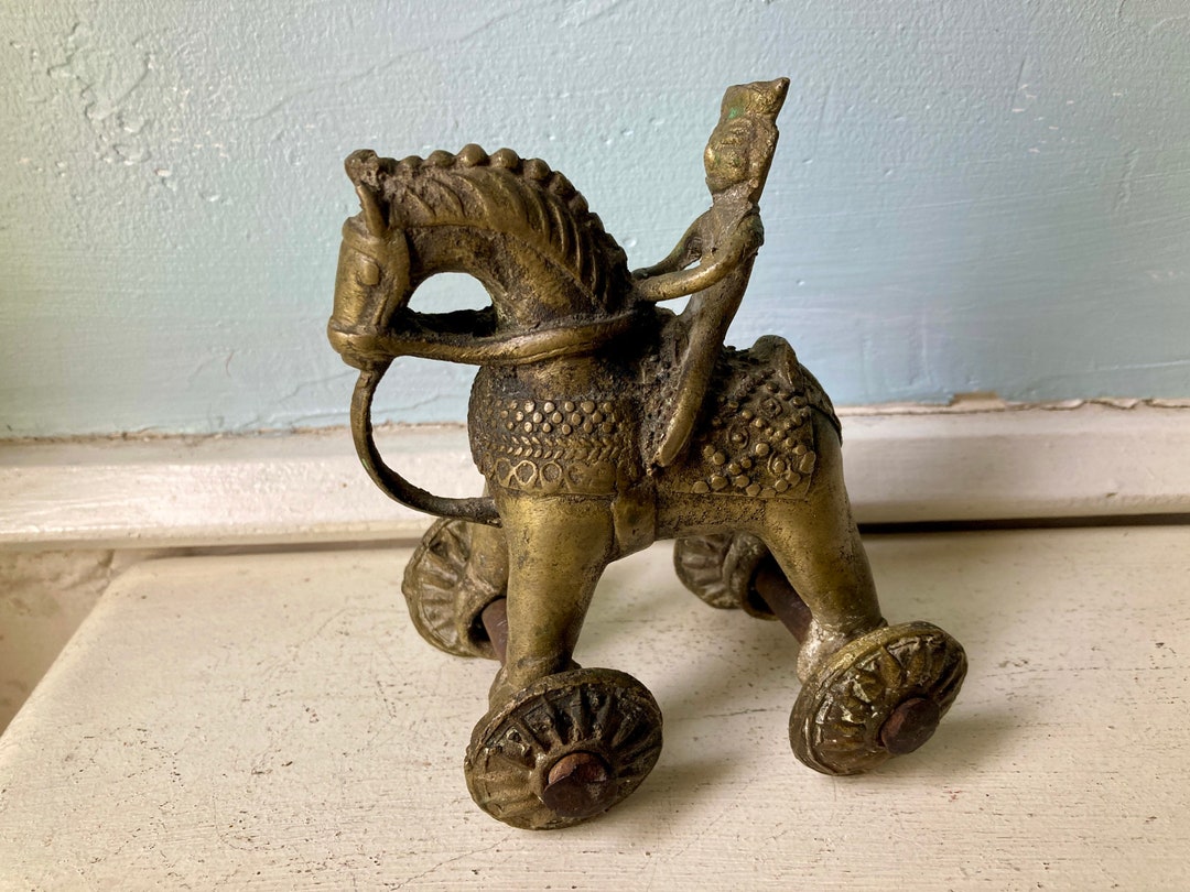 Brass Temple Relic Toy Figurine on Wheels Man on Horse Temple Toy - Etsy