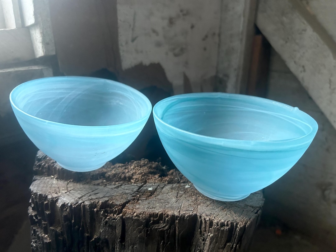 2 Blue Art Alabaster Glass Bowls - Handmade Swirl Design Glass - Home ...