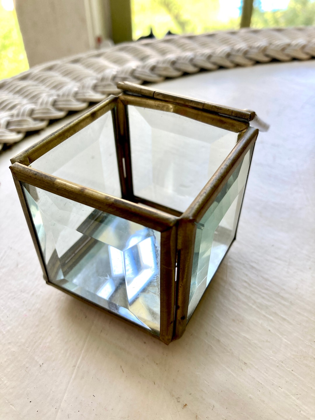 Glass Cube Etched Floral Brass Framed Faceted Glass Trinket Box - Etsy