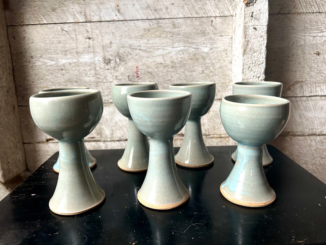 7 Stoneware Goblets Handmade Blue Drip Glaze Small Goblets Ceramic Wine ...