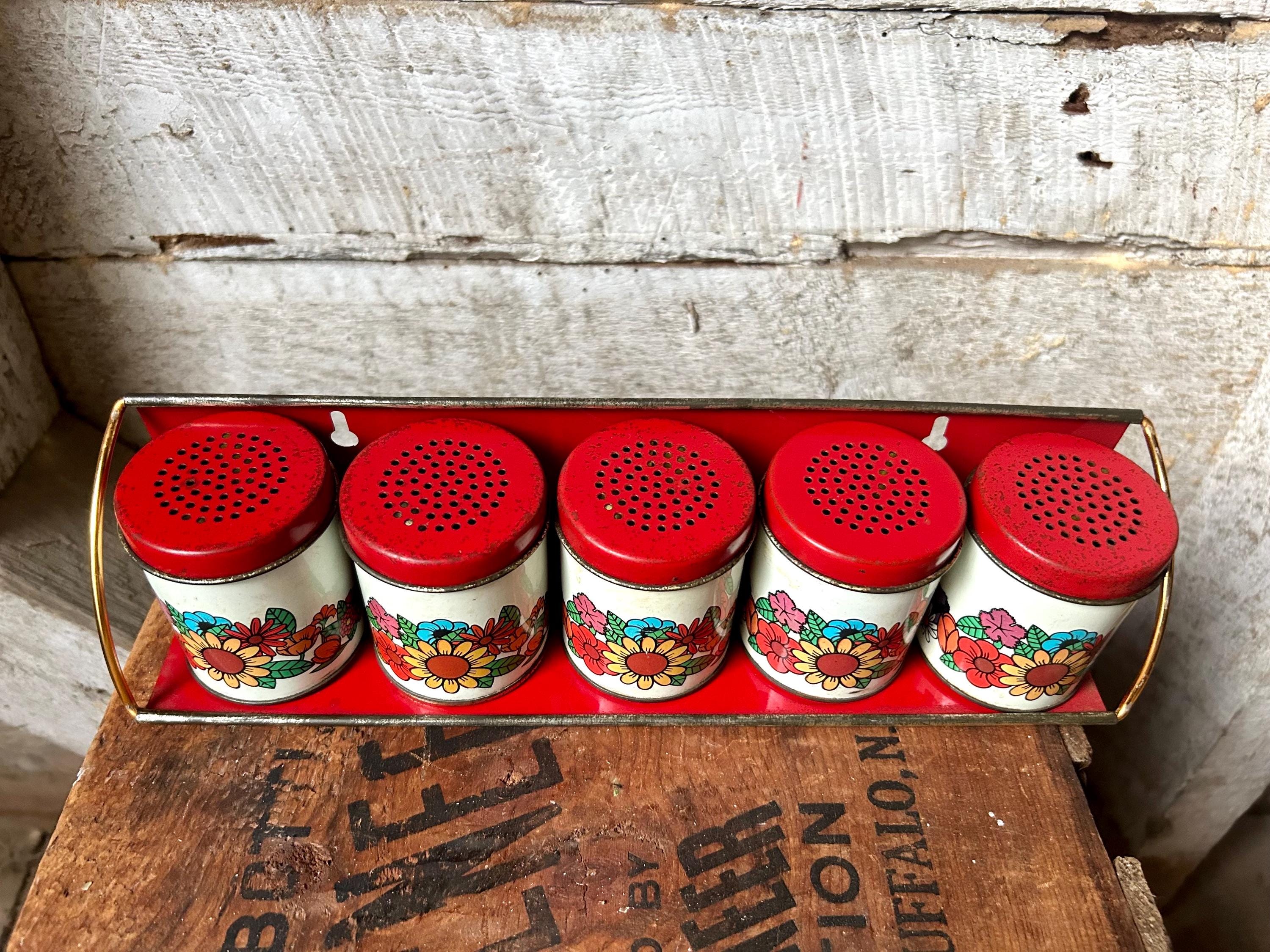 40s Farmhouse Red Metal Floral Spice Rack Country Kitchen Storage ...