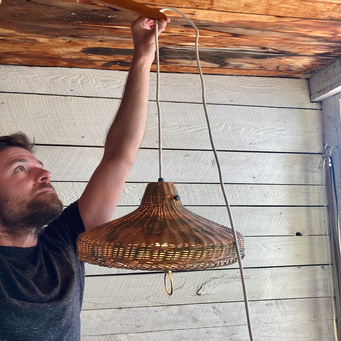 60s 70s Wicker Swag Ceiling Lamp Ceiling Hanging Light Tan and - Etsy