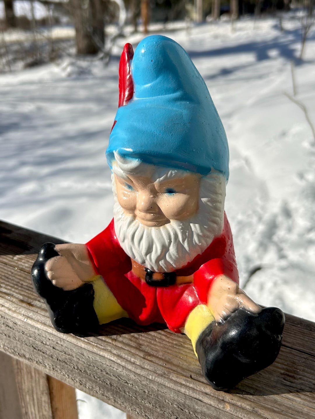 Garden Gnome Seated Garden Decor Cement Red Coat - Blue Hat - White ...