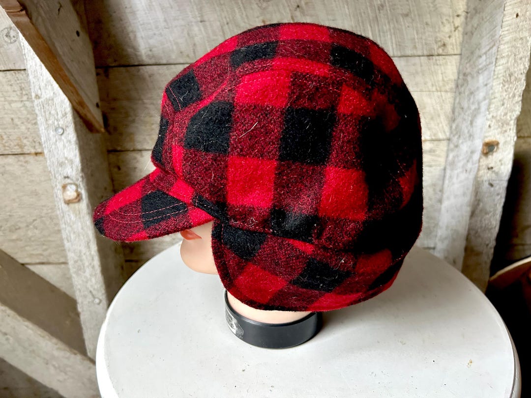 LL Bean Red Black Wool Cap Ear Flaps Red Plaid Hat XXL - Etsy