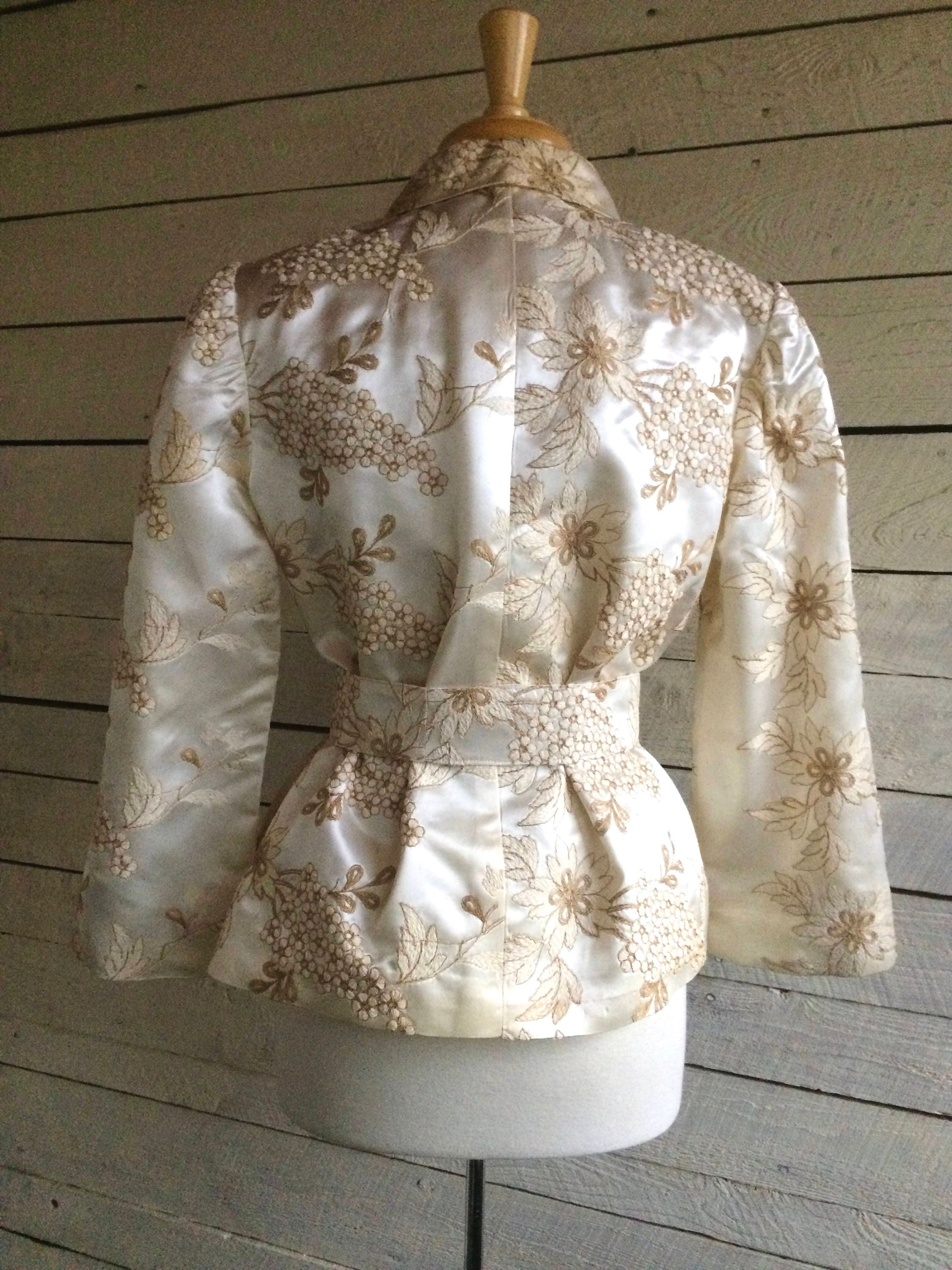 40s Satin Jacket - Floral Embroidery - Satin Belt - Champagne - Long ...