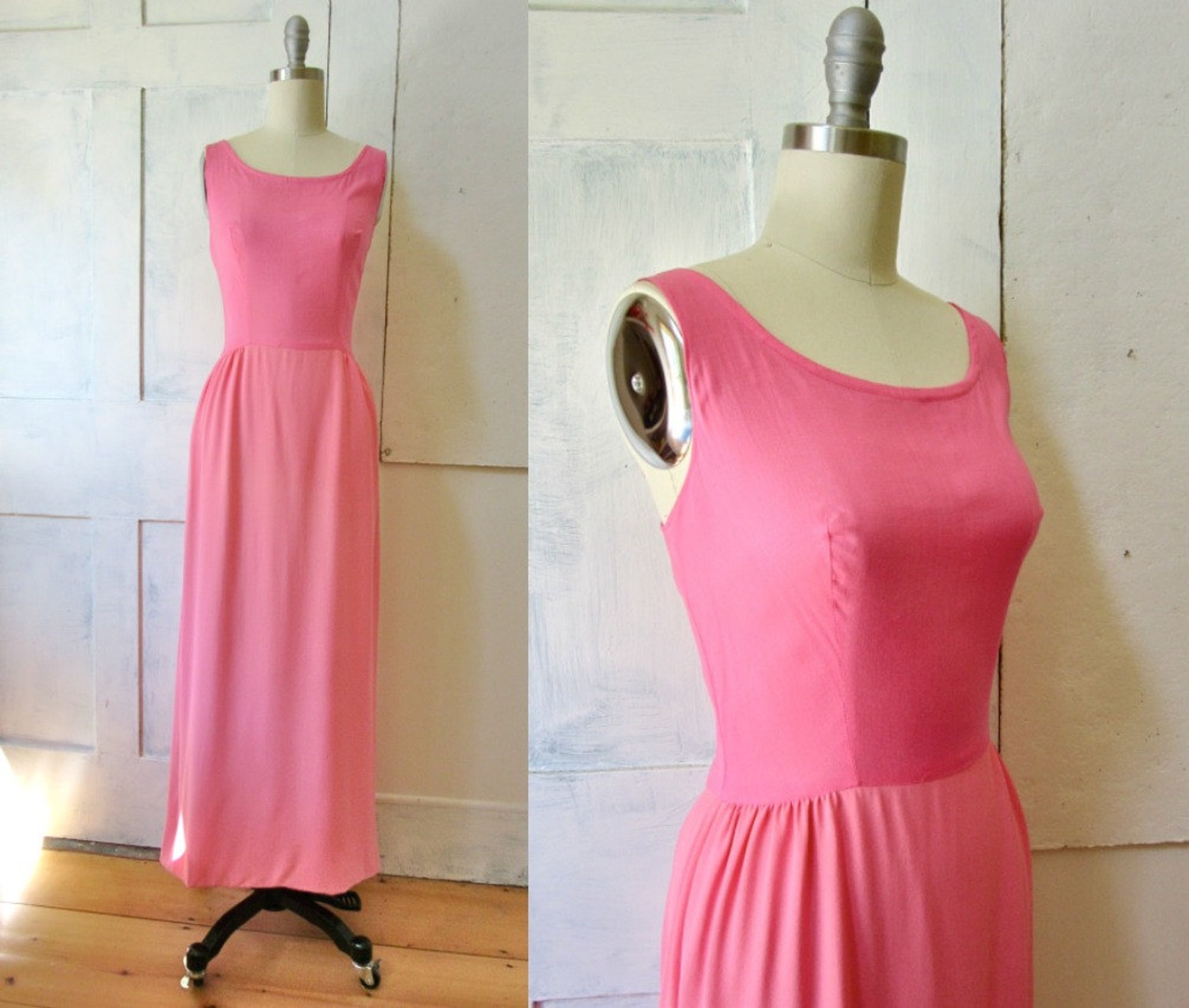 60s Pink Maxi Dress Formal Prom Cocktail Dress Tank Dress - Kick Pleat ...