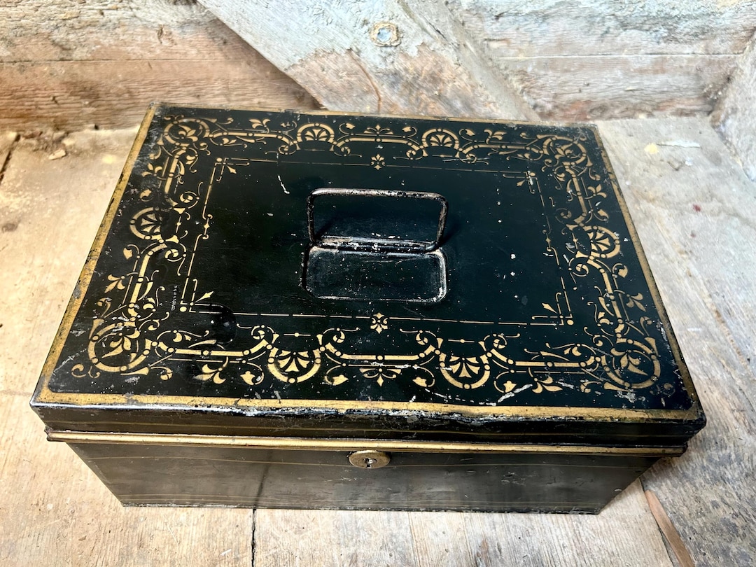Antique 1800s Metal Cash Bankers Box English Make Tin Large Box Handle ...