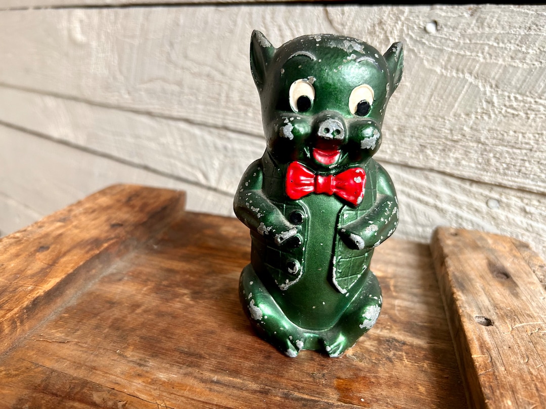 Green Distressed Cast Metal Porky Pig Bank Hurley Pig Bank Red Bow Tie ...
