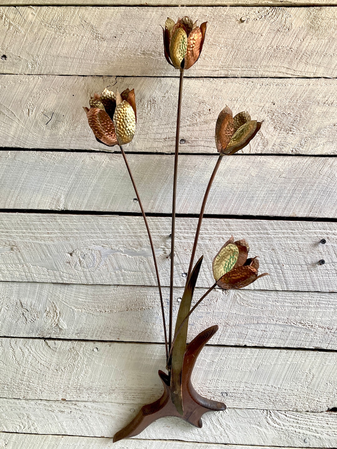 Brutalist Metal Tulip Flower Sculpture Hammered Brass Copper Wall Decor ...