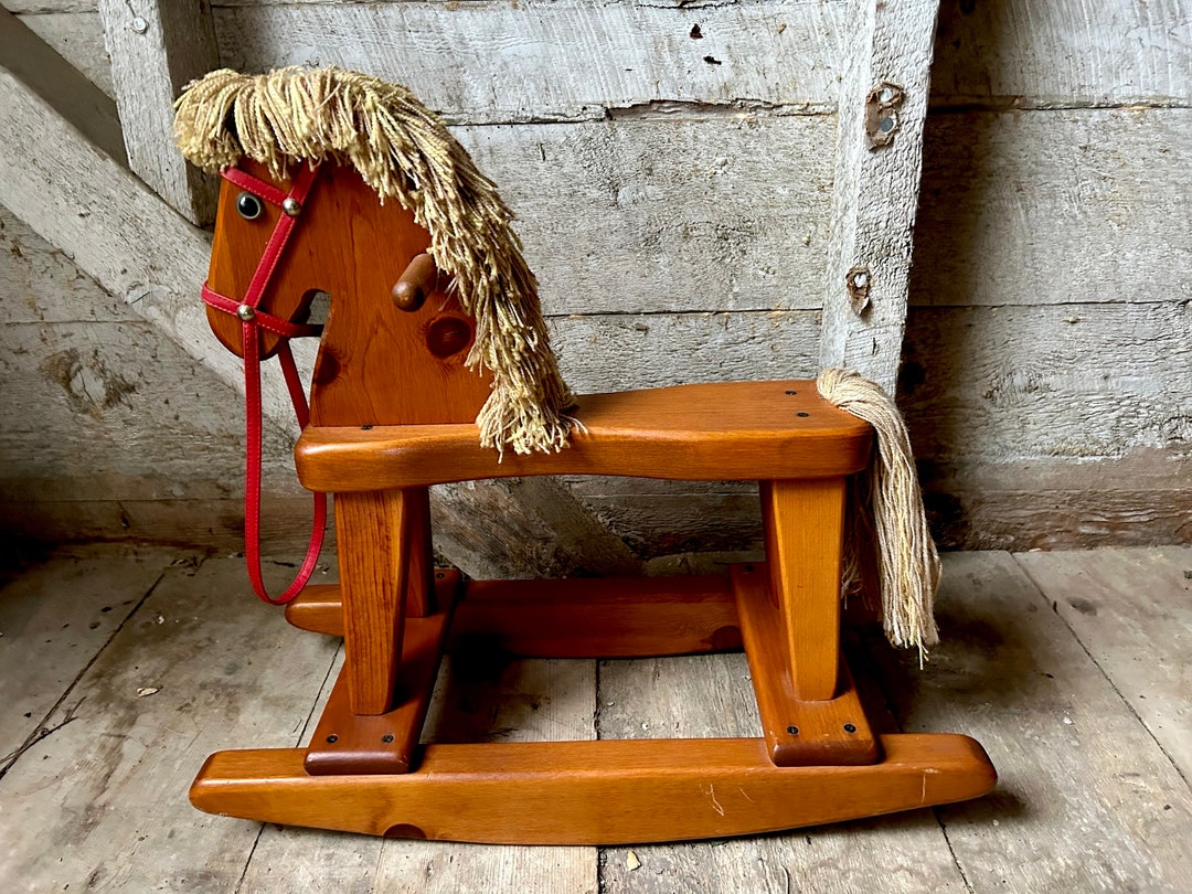 Wood Rocking Horse Child Toy Wool Mane and Tail Red Harness Handmade - Etsy