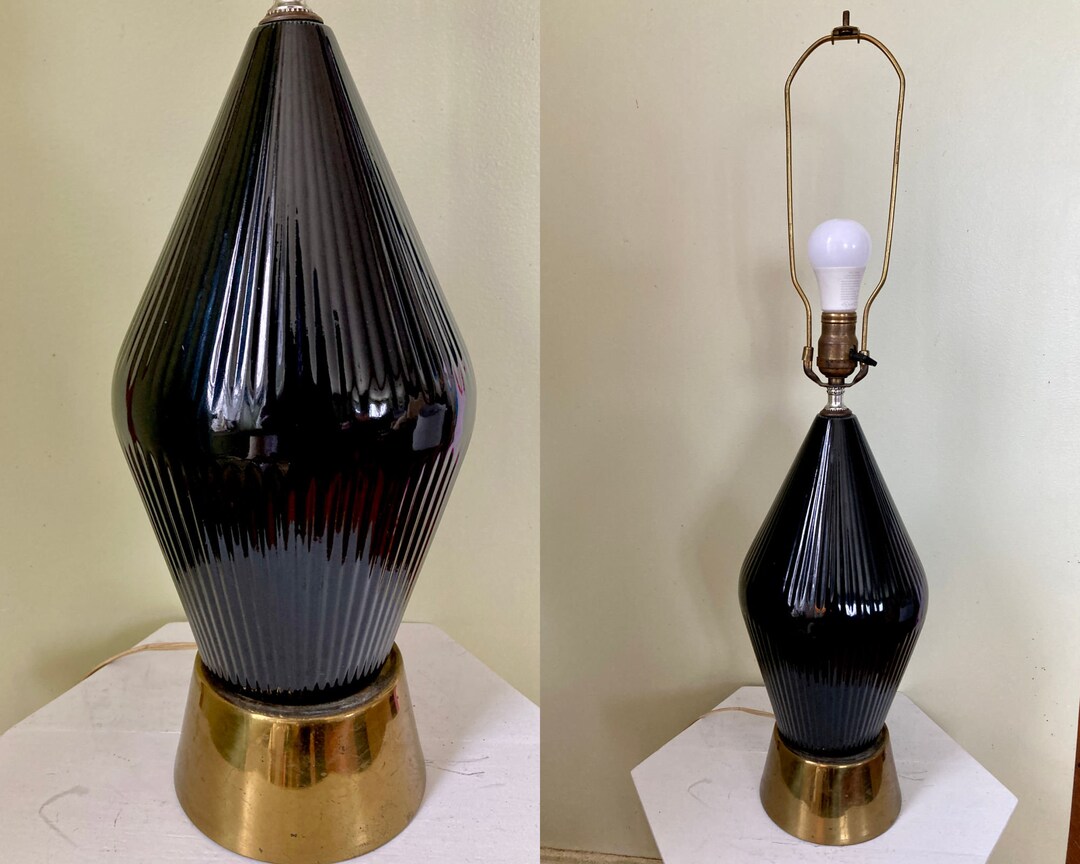 60s Mid Century Modern Table Lamp Black Ribbed Glass Diamond Shape MCM ...