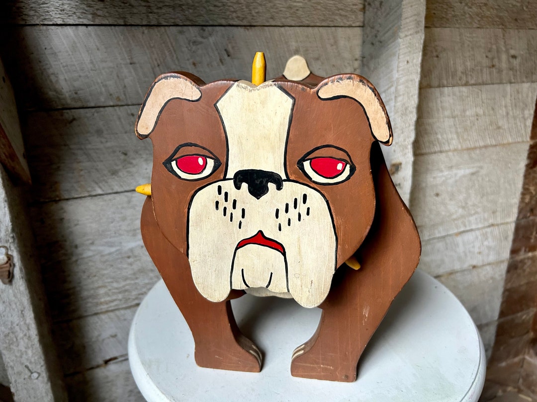 Bulldog Wood Bank Farmhouse Handmade Brown Paint Large Dog Bank Mid ...