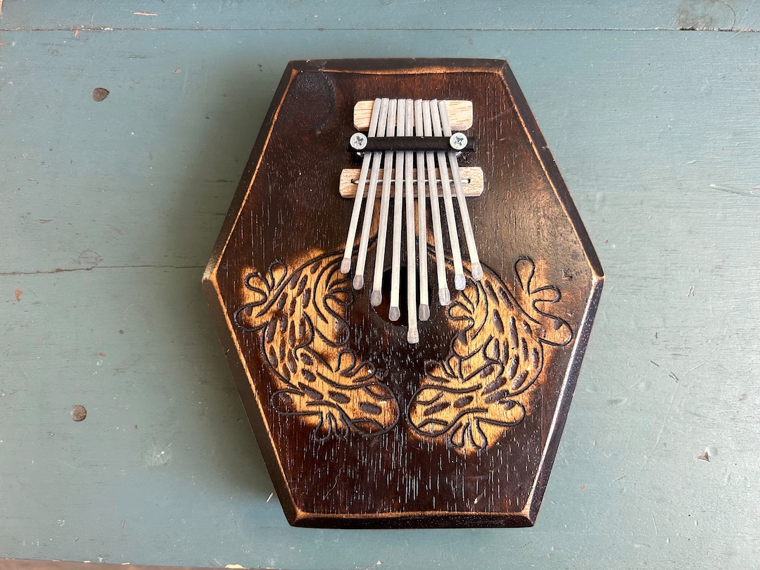 Handmade Wood African Kalimba Thumb Piano Hexagon Carved Lizard Design ...