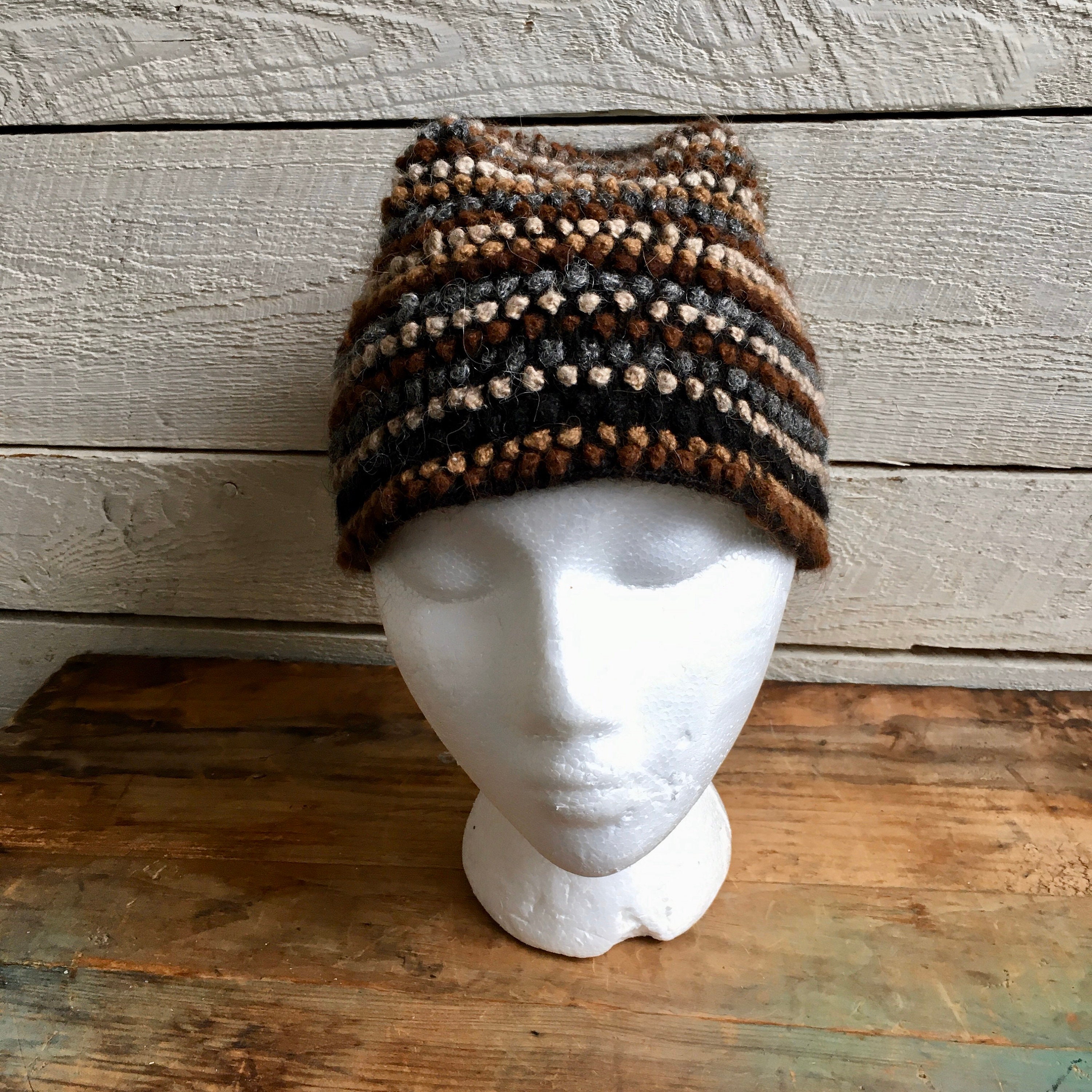 70s Alpaca Hat - Bumps - Knit Cap - Brown Tan Gray - Knit Hat - Winter ...