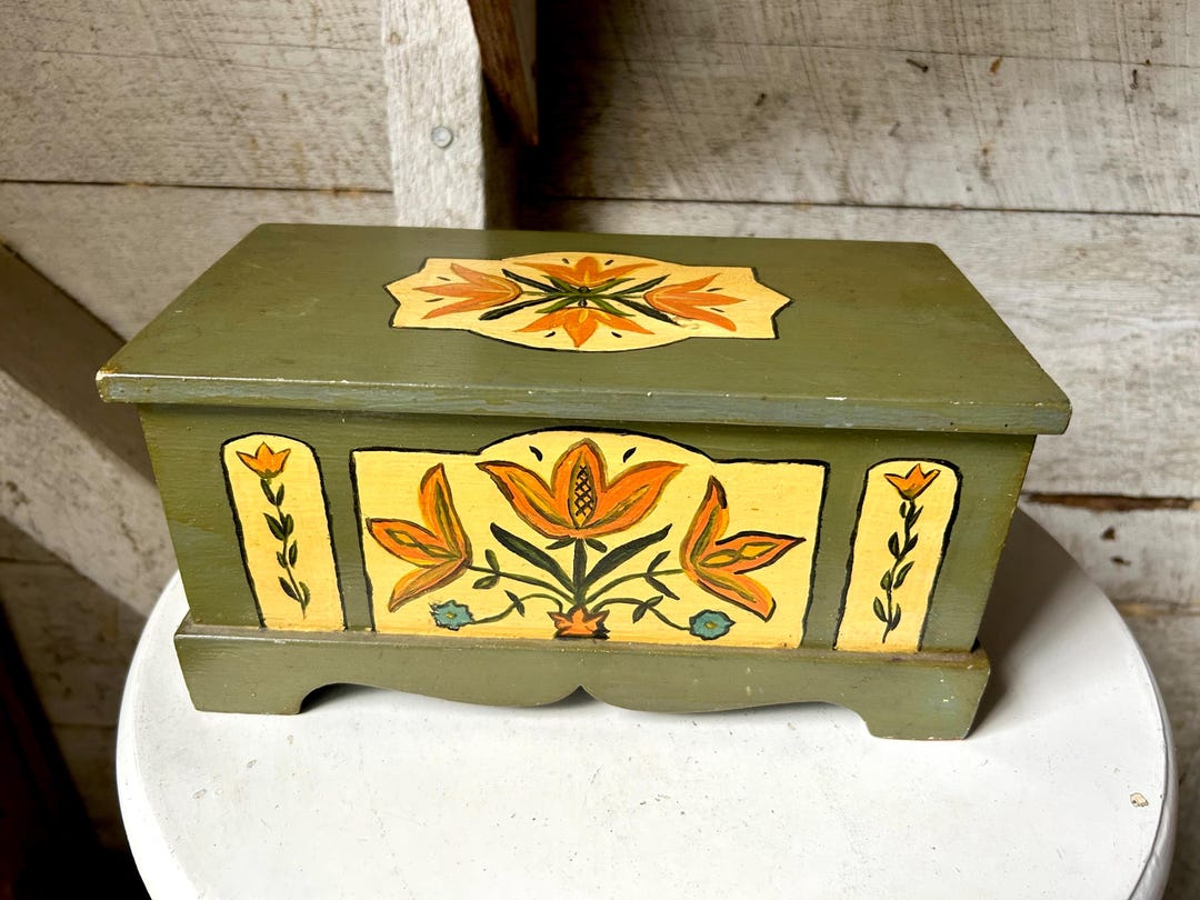 Farmhouse Wood Box Jewelry Green Hand Painted Floral Design Storage Box ...