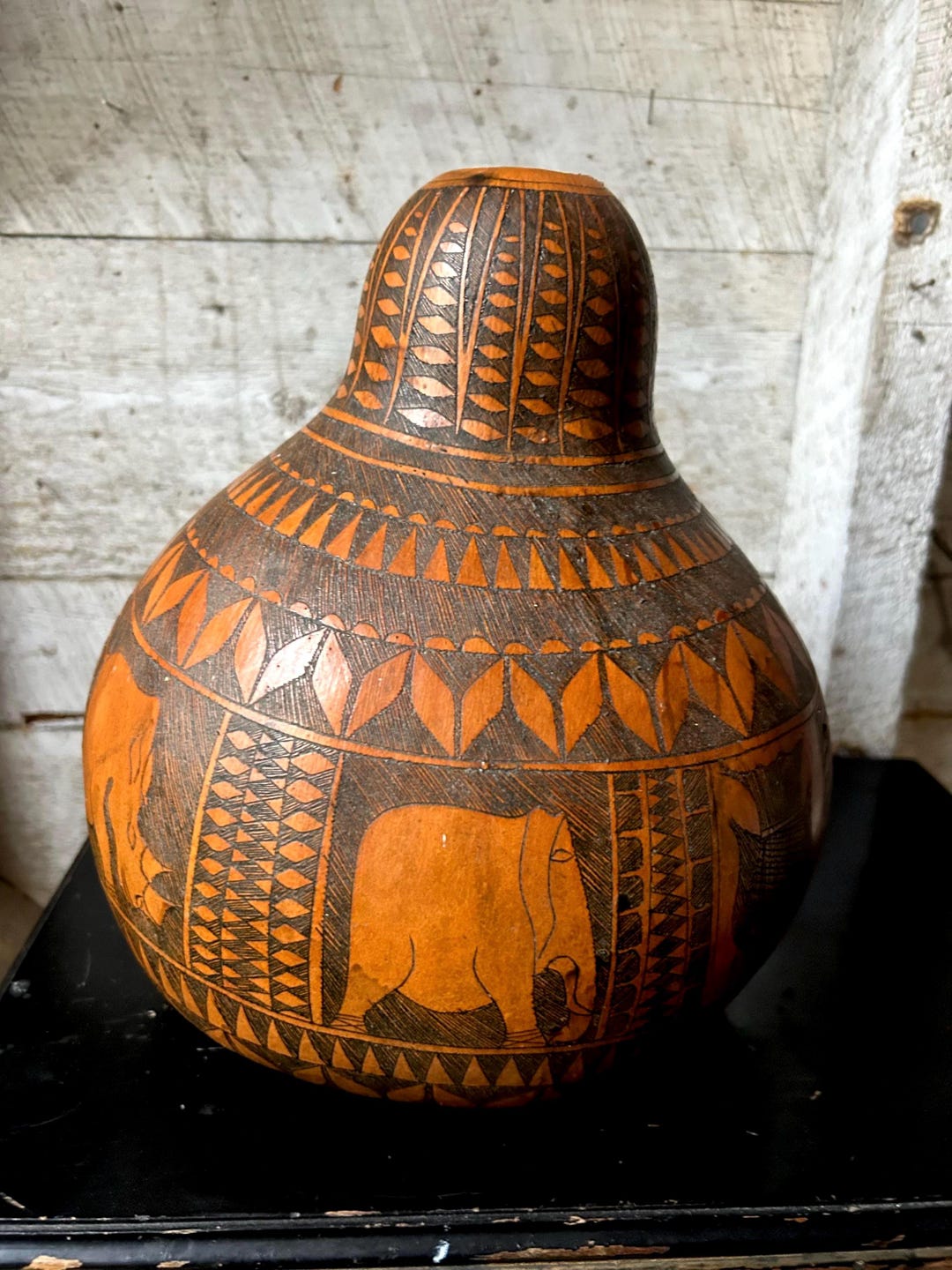 Vintage African Primitive Gourd Folk Art Carved Elephant Design Kenya ...