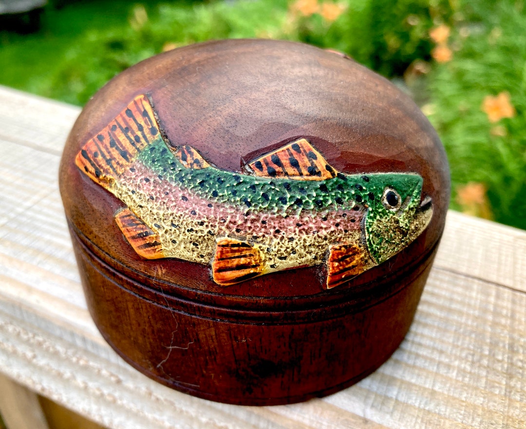Wood Fish Round Box - Hand Carved Rainbow Trout Design - Trinket Box ...